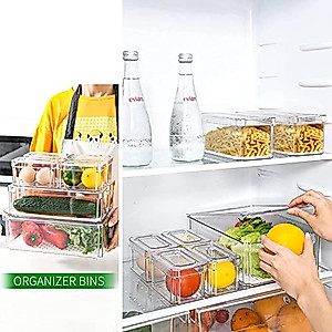 Fridge Organizer with Lid, Set of 7 Stackable Plastic Organizer Bins, and Removable Drain Tray Vegetable Storage Containers for Refrigerator, for Freezer, Cabinet, Kitchen Pantry Organization (7 pack)