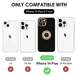 Hython Case for iPhone 14 Plus Case with Ring Stand [360° Rotatable Ring Holder Magnetic Kickstand] [Support Car Mount] Plated Gold Edge Soft TPU Luxury Shockproof Protective Phone Case Cover, Black