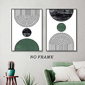 Mid Century Modern Wall Art Boho Abstract Painting Green Geometric Print Minimalist Boho Pictures Olive Green Poster Geometric Abstract Painting Black Line Boho Wall Art for Bedroom 16x24inx2 No Frame