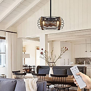 SADENICEL Farmhouse Caged Fan with Lights Remote Control, 17 Inch Low Profile Bedroom Fans, Rustic Ceiling Fans for Kitchen, Dining Room (Antique Wood-E)