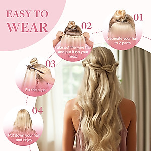 GOO GOO Wire Hair Extensions Human Hair, 16/22 Light Blondewith mix Golden Blonde Highlighted 14inch 75g, Invisible Wire Hair Extensions with Transparent, Seamless Fish Line Hairpiece