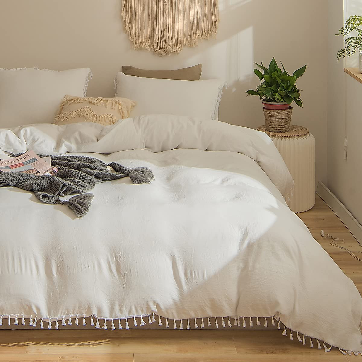 MOOWOO Boho Chic Bedding Twin Size,2 PC White Tufted Tassel Duvet Cover Set,Aesthetic Bedding,Solid,Soft and Breathable with Zipper Closure & Corner Ties