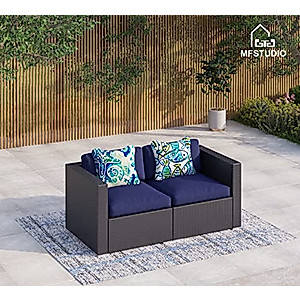 MFSTUDIO 2 Piece Patio Loveseat Outdoor Sectional Furniture Rattan Corner Sofa Set - Blue