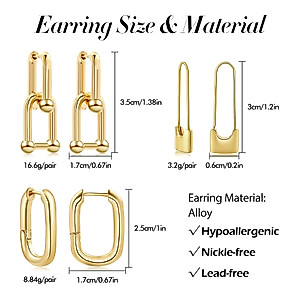 SLOONG 3 Pairs 14k Gold Plated U Shape Y2K Style Chunky Earring Link Chain Circle Hoop Earrings Jewelry Drop Dangle Earrings Set for Women