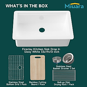 Miuara White Workstation Kitchen Sink 33 Inch - White Undermount Kitchen Sink 33"x19"x10", Large Kitchen Sink Drop In, Single Bowl Topmount Fireclay Sink for Kitchen,with 4 Custom Accessories