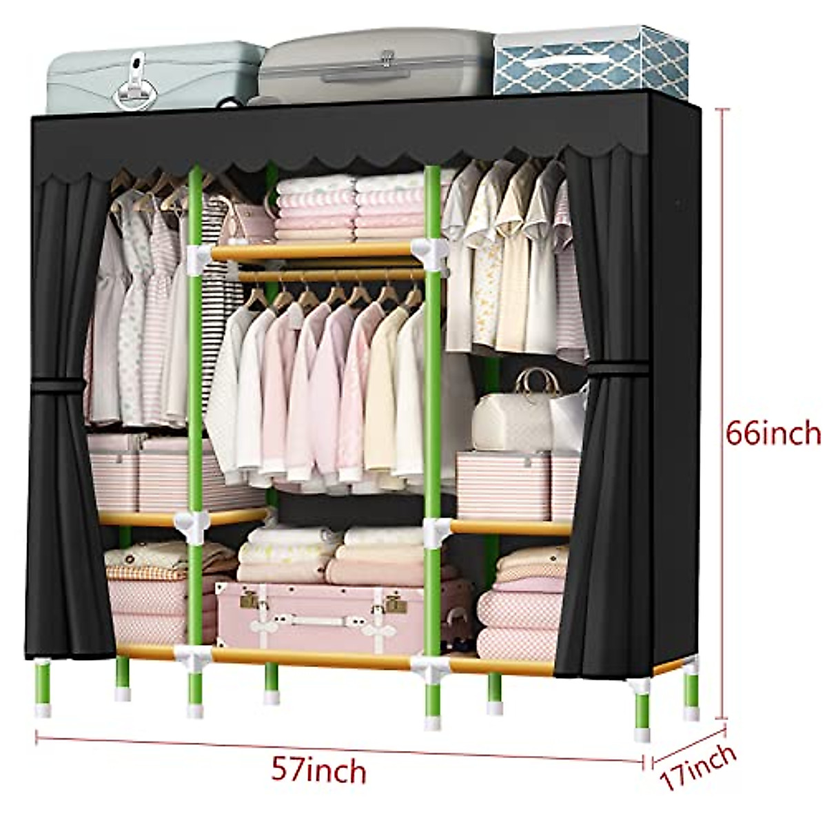 YOUUD Portable Closet 57 Inch Wardrobe Closet Clothes Organizer with 3 Storage Shelves and 3 Hanging Rods, Cloth Closet of Colored Rods Black Cover Quick and Easy to Assemble,Strong and Durable
