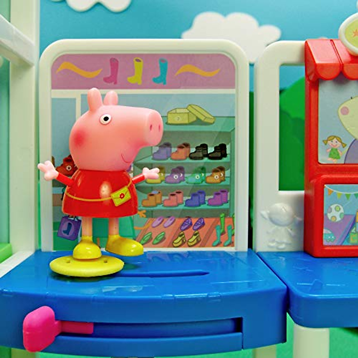 Peppa Pig Shopping Mall with Family, Includes 1 Connectable Mall Playset, 4 Character Toy Figures, 2 Chairs, 1 Pizza Table, 1 Toy Boat – for Kids - AMAZON EXCLUSIVE