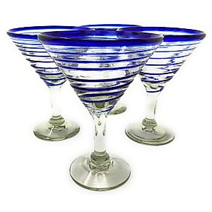 Mexican Hand Blown Glass – Set of 4 Hand Blown Modern Margarita Glasses - Blue Spiral (12 oz)