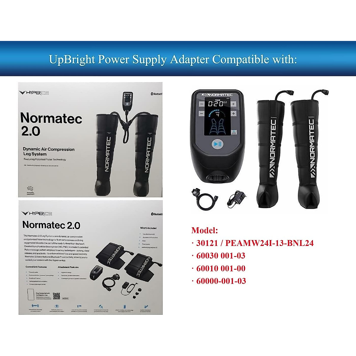 UpBright 15V AC/DC Adapter Compatible with Hyperice Normatec 2.0 Pro Leg 30121 60030 001-03 60010 001-00 60000 LMJ5 Air Massager Pulse Recovery Massage Device PEAMW24I-13-BNL24 Power Battery Charger