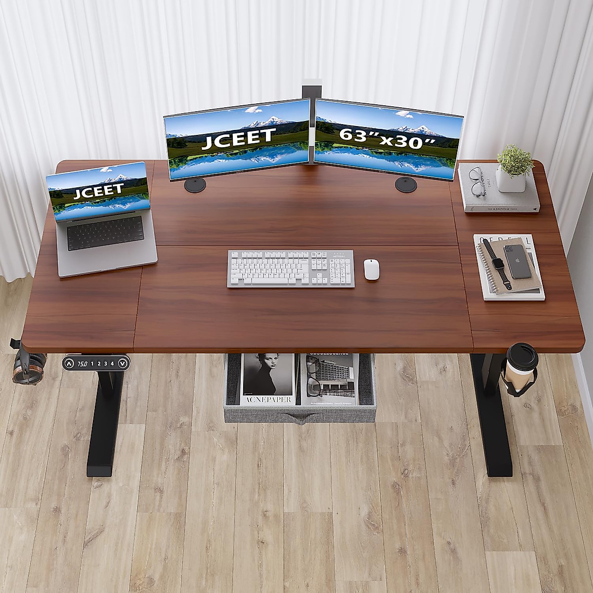 Jceet Electric Standing Desk with Drawer, 63x30 Inches Adjustable Height Sit Stand Up Desk with 4 Splice Boards, Home Office Desk Computer Workstation with Dark Walnut Top/Black Frame