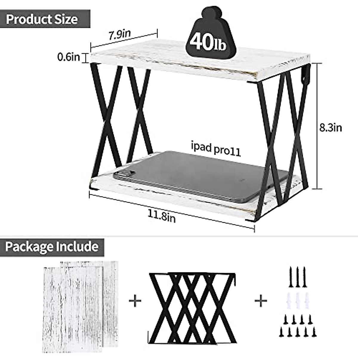 Sapowerntus Floating Nightstand Shelves Wall Mounted, 2 Tier Bedside Table for Bedroom, Rustic White Wood Basket Box Shelf with X Mental Bracket, Small Storage Decor in Bathroom Living Room