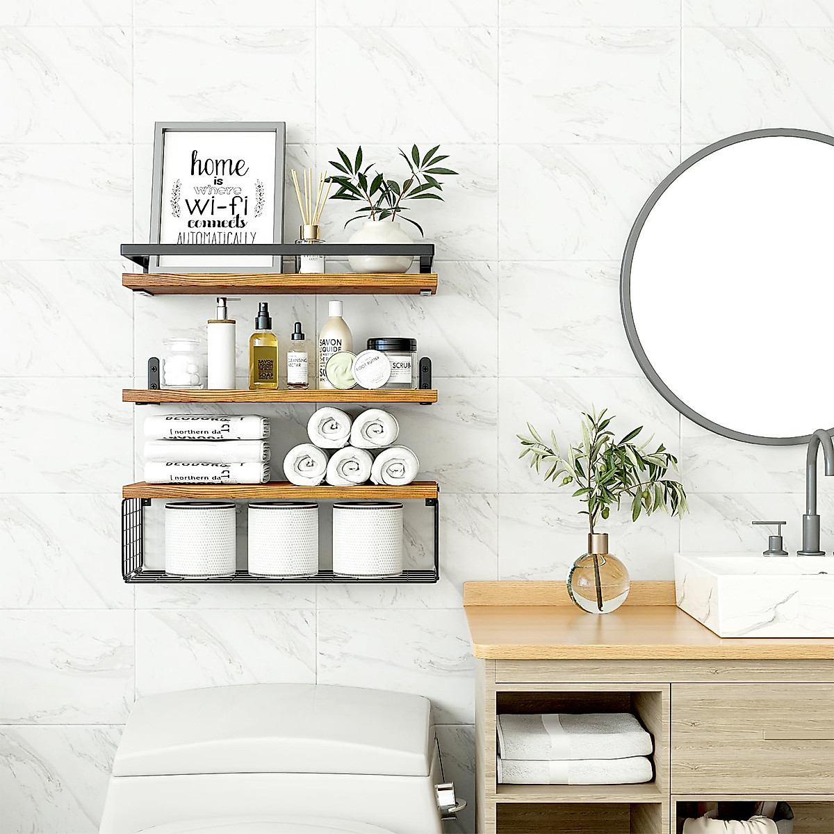 Eunvabir Floating Shelves for Bathroom Storage Decor with Basket, Wood Wall Mounted Over The Toilet Shelves, Hanging Shelf for Bedroom Kitchen Laundry Living Room Plants Farmhouse Organizer