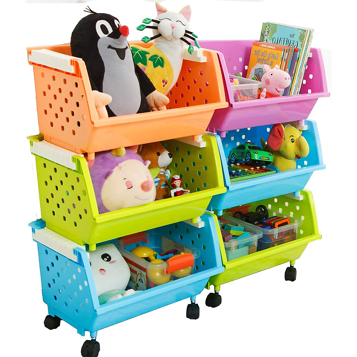 MAGDESIGNER Kids' Toys Chest Large Baskets Storage Bins Organizer with Wheels Can Move Everywhere Natural/Primary (Primary Collection) (6 Baskets Choose)