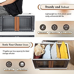 Shahoo Storage Bins with Lids, 19 Gal Pack 4 Clear Plastic Collapsible Containers, Equipped with Door, Stackable Storage Box with Latching Buckles & Wheel, Organizer for Bedroom, Livingroom, Kitchen