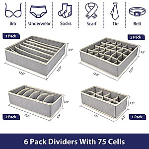 SANTUKEY 6 Pack Drawer Organizers for Clothing, Underwear Drawer Organizer, Dresser Drawer Organizers Fabric Foldable Divider, Closet Organizers and Storage Boxes for Bras, Tie, Belts, Socks