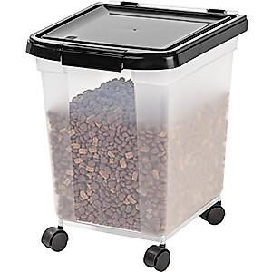IRIS USA WeatherPro Airtight Dog Food Storage Container, Up to 25 lbs, Removable Wheels, for Dog Cat Bird and Other Pet Food Storage Bin, Keep Fresh, Translucent Body, Clear/Black
