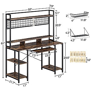 Rolanstar Computer Desk with Hutch and Keyboard Tray, 55" Office Desk with Storage Shelves, Studying Writing Desk Workstation for Home Office, Rustic Brown