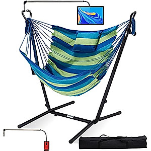 Hammock Chair with Stand Adjustable Swing Chair with Phone Stand Cup Holder Includes Double Hanging Chair Flow Bohemian Hand Indoor Outdoor Patio Garden Yard 420 lb Capacity (Blue-Green)