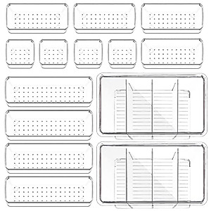 ZHOMA 14 Pcs Desk Drawer Organizer Trays with cover / 4 differentSize Bathroom Drawer Tray Dividers Plastic Vanity Organizers Storage Bins for Makeup Dresser Kitchen Office