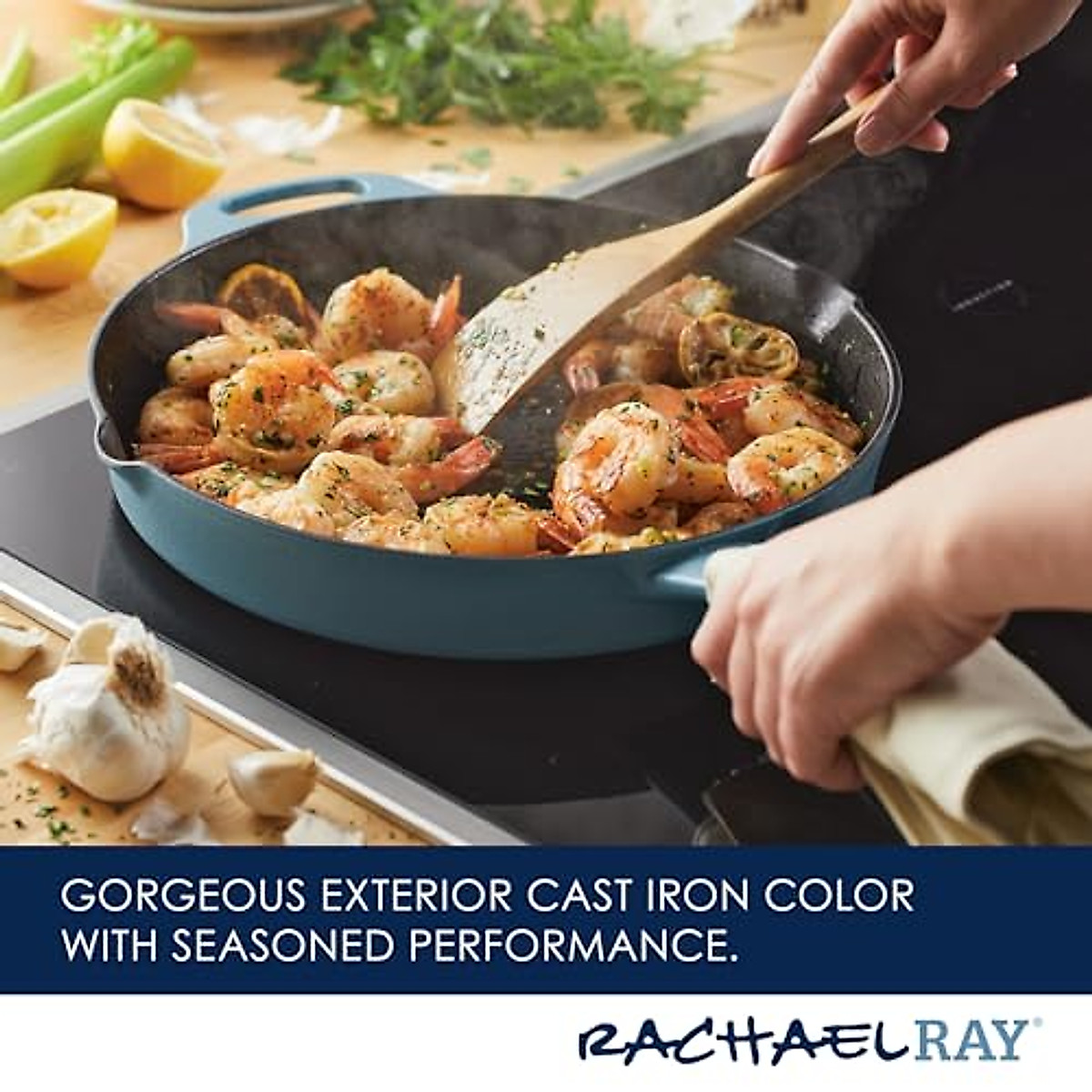 Rachael Ray NITRO Cast Iron Frying Pan/Skillet with Helper Handle and Pour Spouts, 12 Inch, Agave Blue