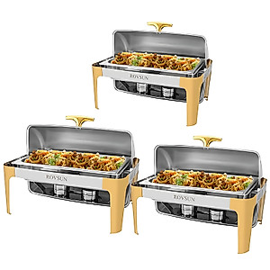 ROVSUN 3 Packs Roll Top Chafing Dish Buffet Set Gold Accent,NSF 9 Quart Rectangular Stainless Steel Chafer, Buffet Servers and Warmers Set Warming Tray for Wedding, Parties, Banquet, Catering Events