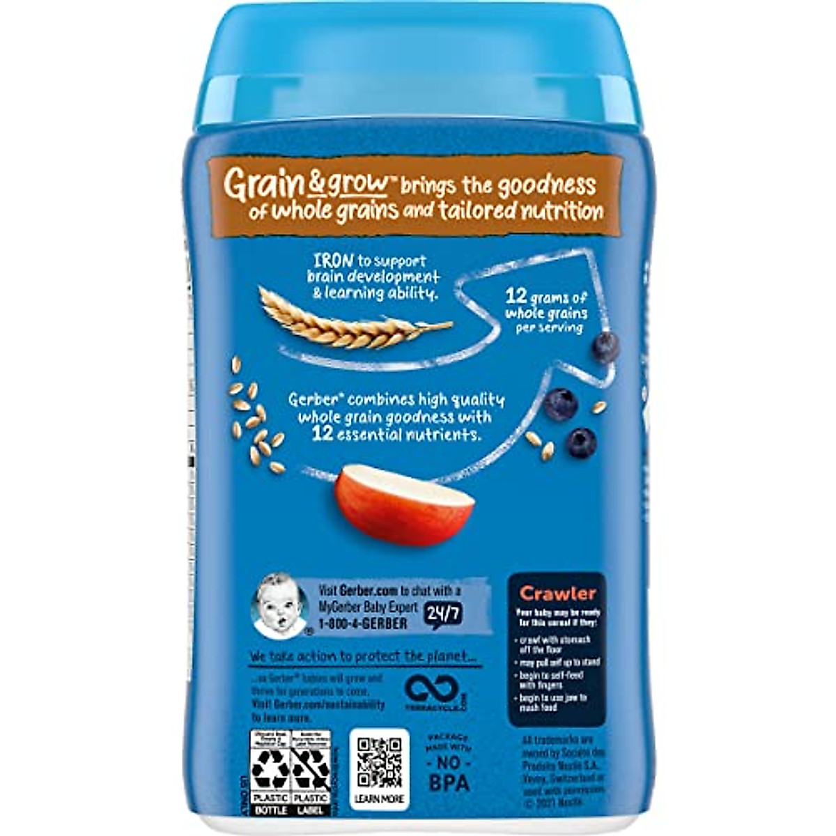 Gerber Cereal for Baby Grain & Grow Cereal, Lil’ Bits Whole Wheat Apple Blueberry Cereal, Non-GMO, For Crawlers 8+ Months, 8-Ounce Canister (Pack of 3)