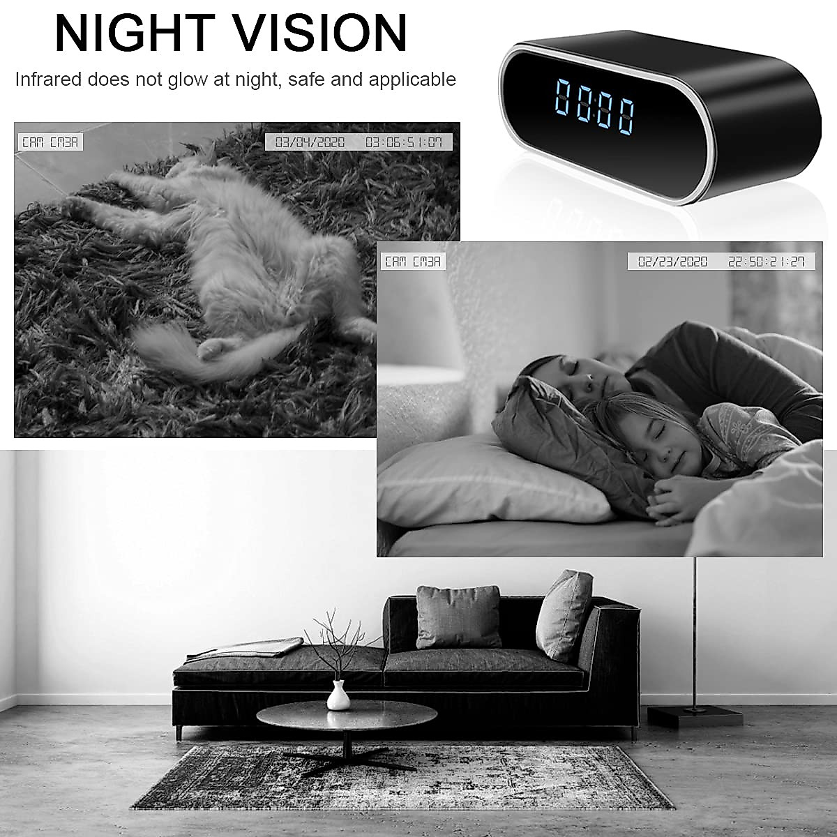 Jigayao Camera Clock, HD 1080P WiFi Alarm Clock Camera with Night Vision/Motion Detection/Loop Recording, Wireless Security Nanny Cam for Home and Office-Support iOS/Android No Audio