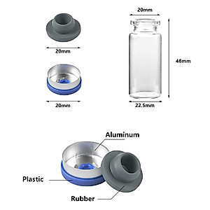 Eowpower 100 Pack 10ml Glass Vials, 20mm Glass Flat Bottom Lab Vial with Plastic-Aluminum Flip Caps and Rubber Stoppers (Clear)