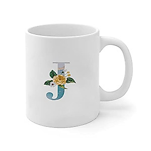 YELLOW Floral Monogram Letter - J White Mugs Coffee Mug Alphabet Letter Mockup Mug Cup Mockup Xmas Gift Stocking Stuffer Mug Stocking Stuffer Gift 11oz