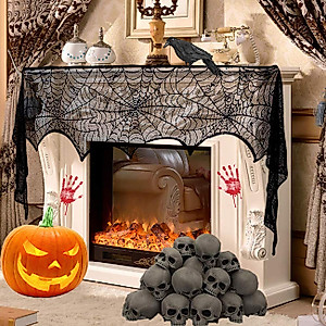 Sunnyglade Halloween 18"x96" Lace Spiderweb Fireplace Mantle Cover Fireplace Scarf & 54"x72" Rectangular Black Spider Web Lace Tablecloth, Festive Party Halloween Supplies