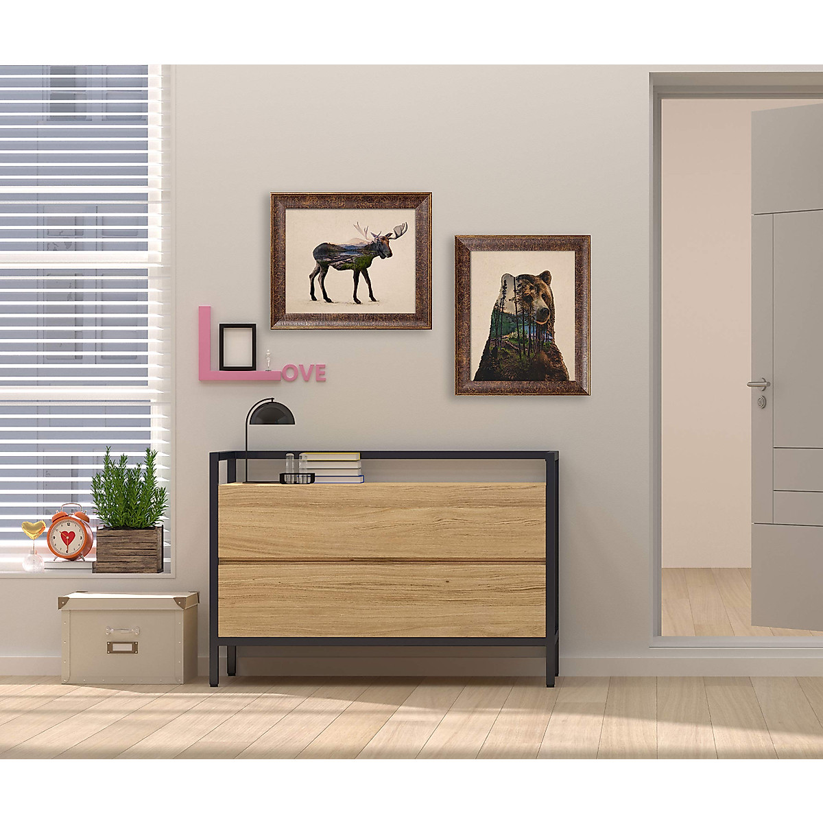 Rustic Double Exposure Bull Moose and Bear Landscape Set; Cabin Lodge Decor; One 11x14 and One 14x11in Gold Trim Brown Framed Poster Print