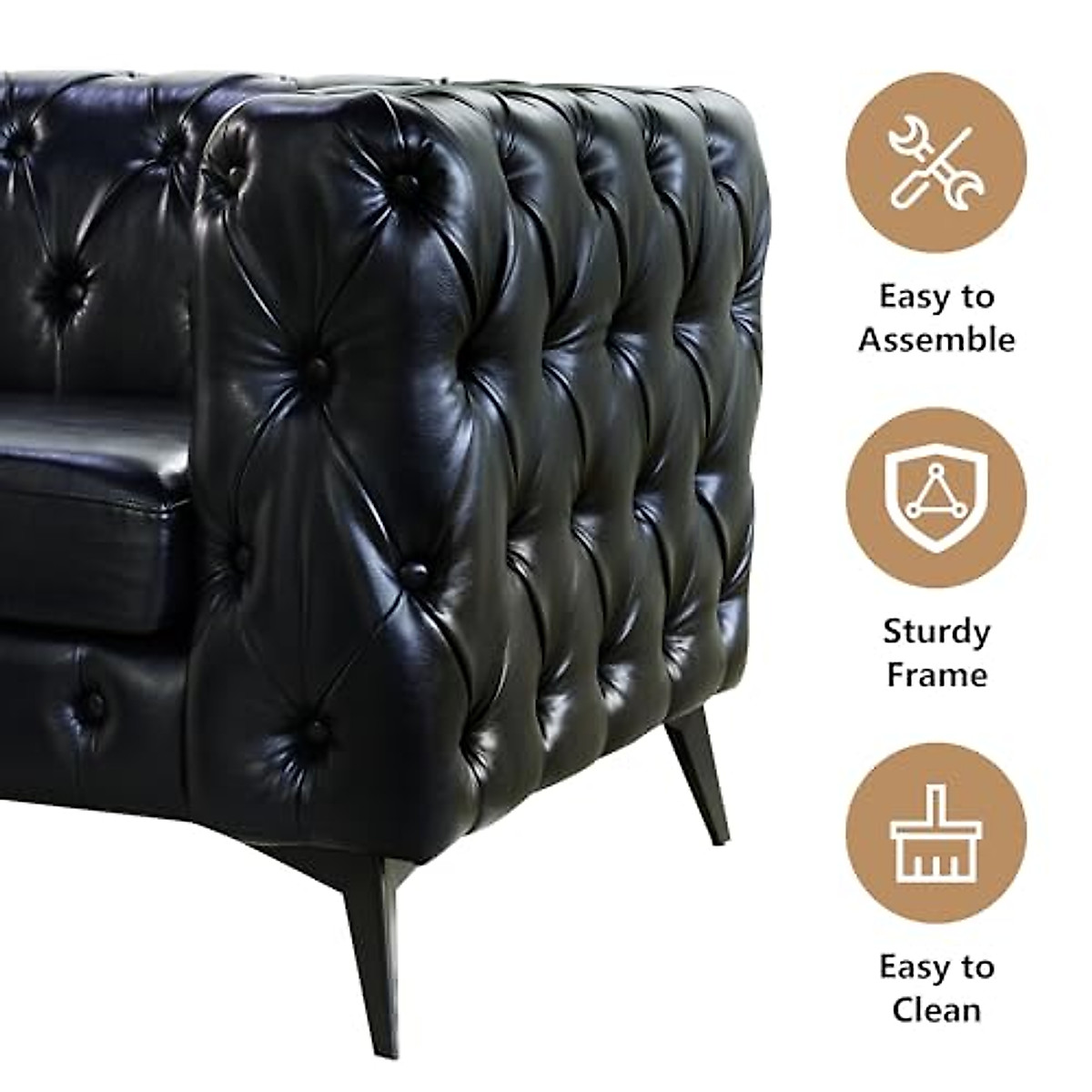 Chesterfield Sofa, Modern Faux Leather Button Tufted Accent Couch with Square Arms and Metal Legs for Living Room, Bedroom, Office, Apartment (Black)