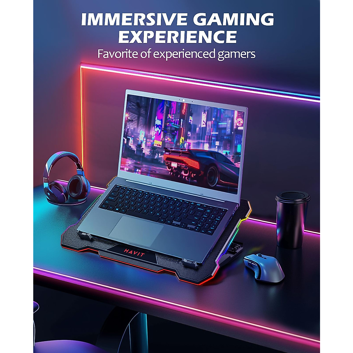 HAVIT Laptop Cooling Pad with 6 Cooling Fans, Laptop Cooler 6 Adjustable Heights for 13-17 Inch Laptops, Gaming Laptop Cooling Stand with RGB Lights and Two USB Ports (HV-F2072)