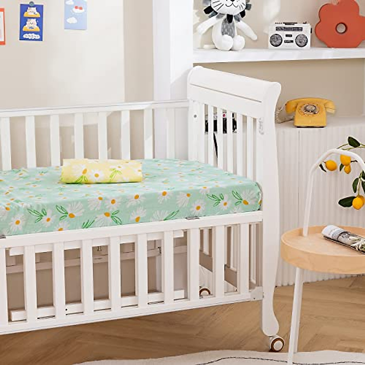 HYPREST Muslin Crib Sheets 2 Pack - 100% Muslin Cotton Crib Sheets -Yellow and Blue Fitted Crib Sheets with Daisy Printed - Floral Crib Sheets for Baby Girls Boys Toddler Soft Breathable Skin-Friendly