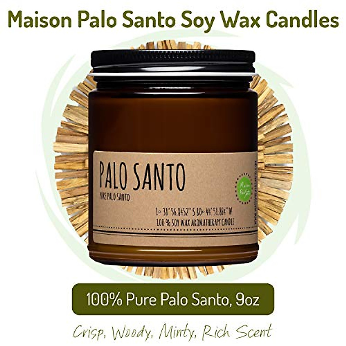 Maison Palo Santo Raw Genuine Palo Santo Essential Oil from Ecuador Aromatherapy Candle 9oz Handcrafted in USA with Natural Soy Wax for Purification & Cleansing Free Palo Santo Stick Included