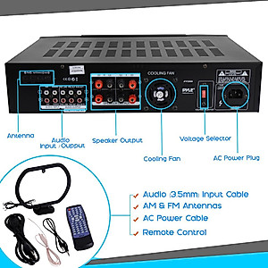 Pyle Updated Premium Pyle Stereo Preamplifier, Home Entertainment Receiver, Bluetooth Amp, RCA Audio Input, 2 Channel Amp, AM/FM Radio with LCD Display, MP3/USB/AUX, AC Power Cable PT395