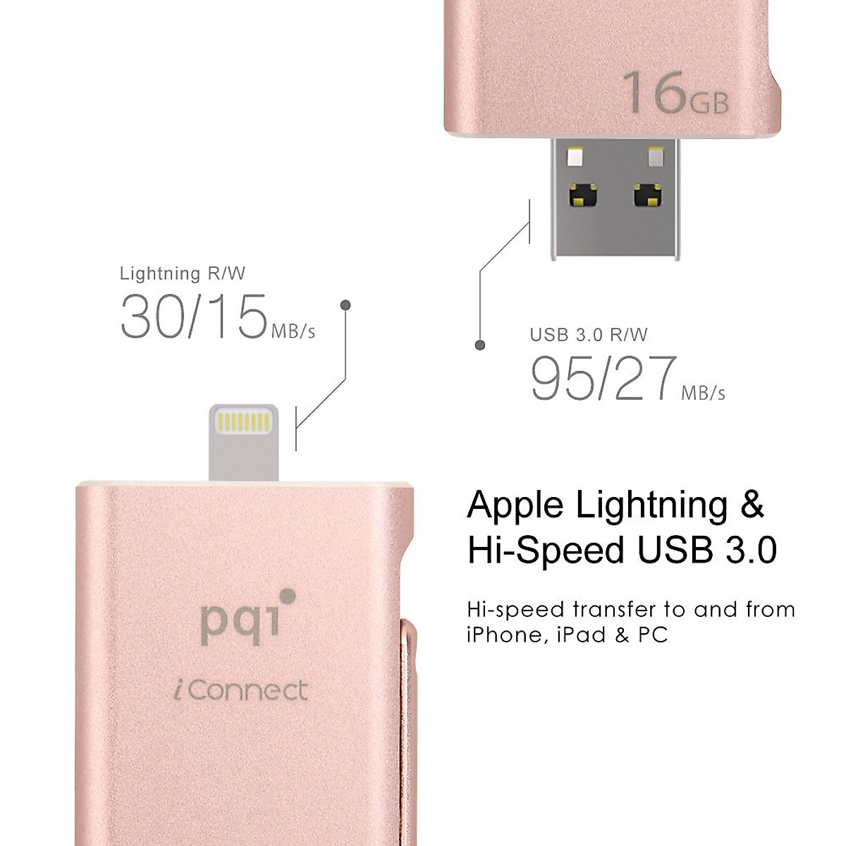 Flash Drive for iPhone iPad, iConnect[USB 3.0] [Apple MFi Certified] Apple FlashDrive Mobile storage with Lightning connector for iPhone, iPad, iPod Mac and Computer (16GB) (Rose Gold)