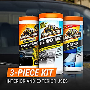 Car Protectant Wipes, Disinfectant Wipes, Glass Cleaner Wipes by Armor All, Cleaning Wipes Variety Pack for Cars, Trucks, Motorcycles, , (Pack of 3)