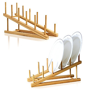 TIE-DailyNec 2 PCS Wooden Dish Rack Bamboo Drying Rack Dish Plate Rack Stand Pot Lid Holder Kitchen Cabinet Organizer for Dish Plate Bowl Cup Pot Lid Cutting Board