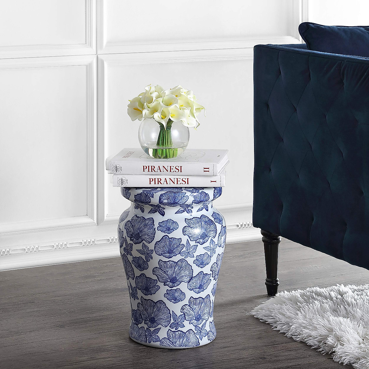JONATHAN Y TBL1018A Poppies 17.7" Ceramic Garden Stool, Stylized Flower Design, Coastal, Contemporary, Modern, Transitional, Side Table, Plant Stand, Living Room, Garden Room, Patio, White/Blue