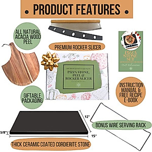 Advanced Pizza Stone for Oven and Grill - Ceramic Coated Non Stick with Wooden Pizza Peel Paddle & Pizza Cutter Set - Detachable Serving Handles - BBQ Grilling Accessories - 15" Large Stone