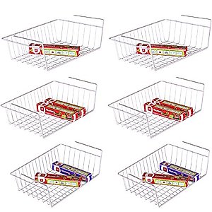 Hanging Under Shelf Storage Basket - iSPECLE 6 Pack Under Cabinet Desk Storage Shelf Organizer Sliding Pantry Organization and Storage for Kitchen Pantry Bookshelf, White