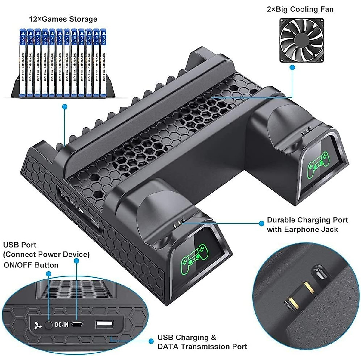 OIVO PS4 Stand Cooling Fan Station for Playstation 4/PS4 Slim/PS4 Pro, PS4 Pro Vertical Stand with Dual Controller EXT Port Charger Dock Station and 12 Game Slots