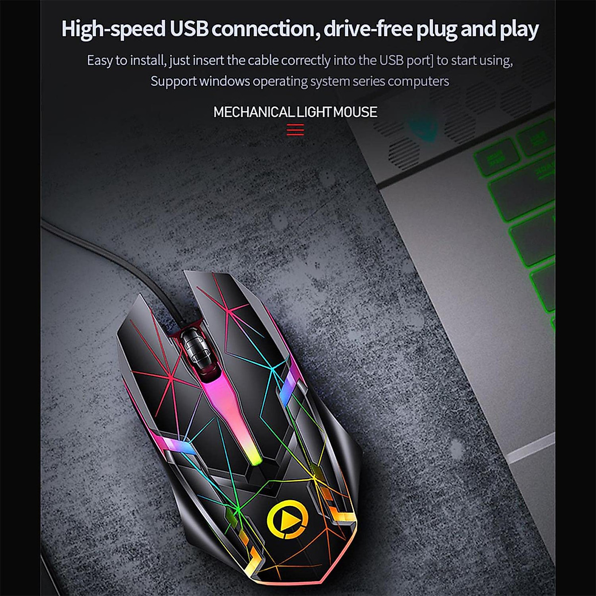 Atrasee RGB Gaming Mouse Wired PC Computer Mice for Laptop, 1200 DPI, 7 Colors LED Backlit, 3 Buttons, USB Ergonomic Optical Mouse for Game Office Windows Mac Linux, Crack