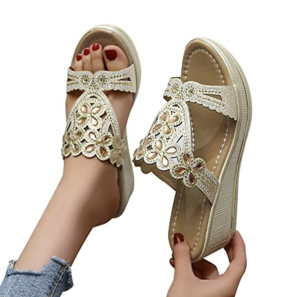 Aniywn Rhinestones Slides Sandals for Women Summer Open Toe Breathable Sandals Slip On Platform Wedge Casual Shoes