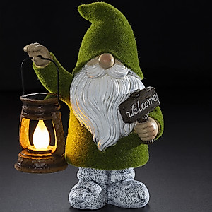 VP Home Flocked Welcome Gnome with Lantern Solar Powered LED Outdoor Decor Garden Light Welcome gnome Statues Outdoor gnome Decor Funny Figurine Decor for Outside Patio, Yard, Lawn