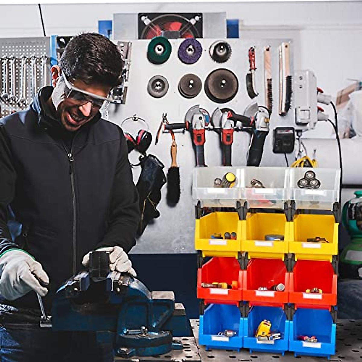 AERCANA Shop Stackable Organizer Bins Parts Bin Shelf Storage Bin Garage storage bins(Blue,Pack of 6)