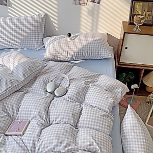 Kimko Washable Cotton Gray Blue Buffalo Plaid Duvet Cover Set,Grid Checkered Bedding Set with Zipper,Gentle,Soft,Home Cozy and Breathable 【3Pcs:1 Duvet Cover+2 Pillowcase】 (# 012, Queen-79''X90'')