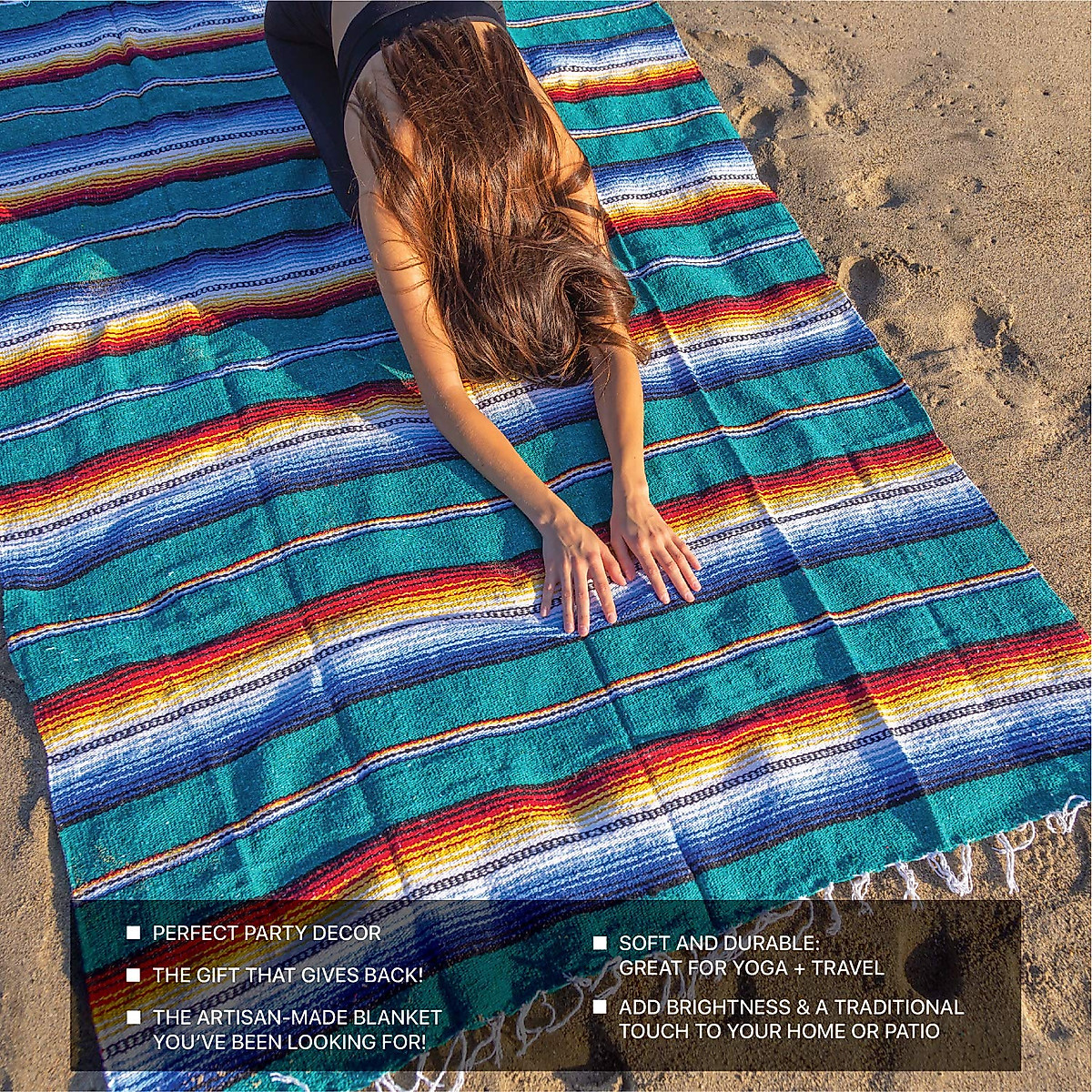 Benevolence LA Mexican Blanket, Authentic Handwoven Yoga Blanket & Outdoor Blanket, Made by Traditional Mexican Artisans, Saddle Blanket, Beach Blanket, Picnic Blanket, & Car Blanket 75 x 52 - Agua