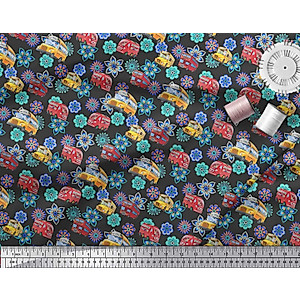 Soimoi Cotton Poplin Black Fabric - by The Yard - 42 Inch Wide - Artistic Floral & School Bus Transport Kids Fabric - Creative and Educational Patterns for Kids' Apparel Printed Fabric
